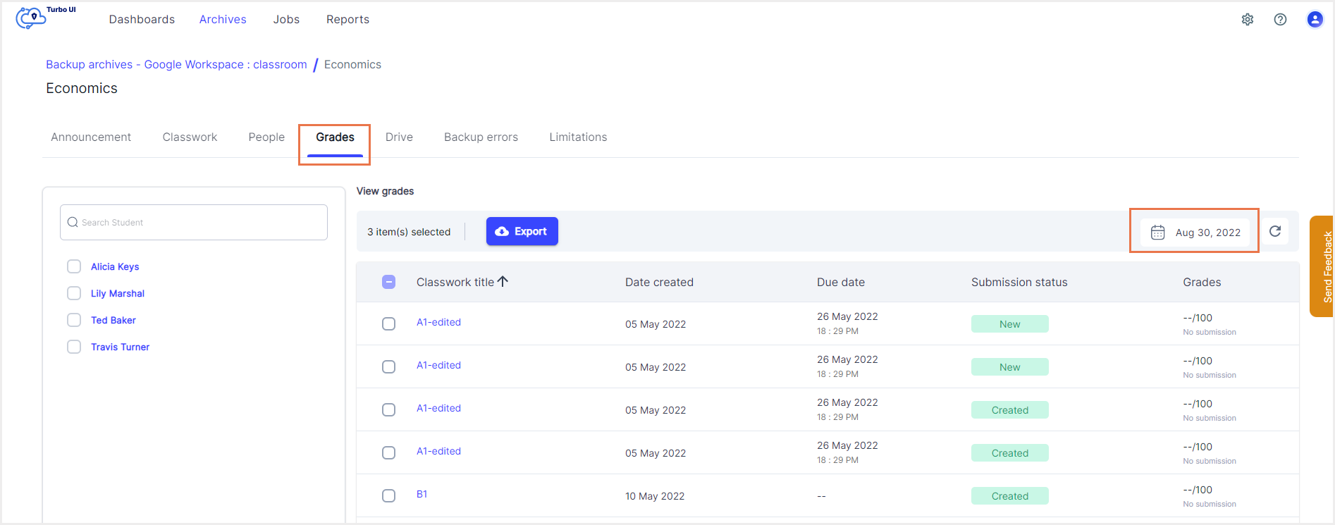 How to export Grades data in Google Classroom from the SysCloud backup application?